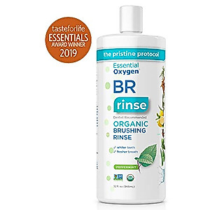 Essential Oxygen Certified BR Organic Brushing Rinse, All Natural Mouthwash for Whiter Teeth, Fresher Breath, and Happier Gums, Alcohol-Free Oral Care, Peppermint, 32 Ounce