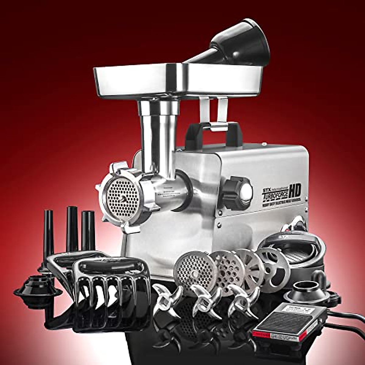 STX International Turboforce 3500-TFHD Heavy Duty Electric Meat Grinder w/Foot Pedal • 4 Grinding Plates • 3 S/S Blades • Sausage Stuffer • Kubbe • 3 Lb. Meat Tray, • 2 Meat Claws & Burger Press
