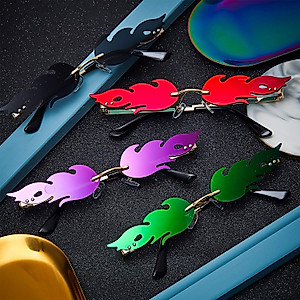 Fire Flame Sunglasses Rimless Flame Shaped Sun Glasses Wave Fire Shaped Glasses for Women Men Party Supplies Photo Props (4 Pairs, Red, Purple, Gray and Green)