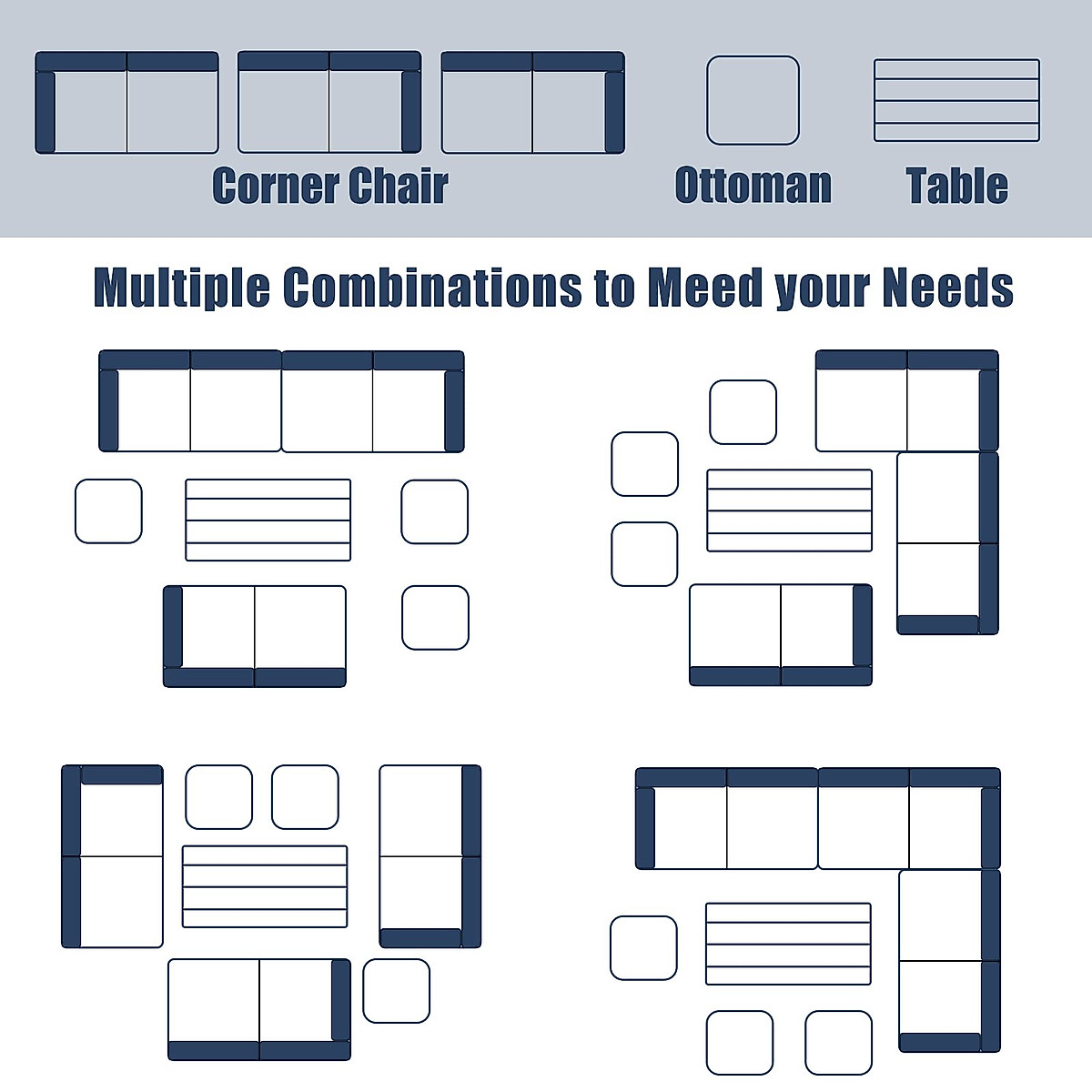 AVAWING 7 Pieces Patio Furniture Sets, Outdoor Dining Sectional Rattan Couch Sofa w/Ottoman Chairs, All-Weather Wicker Conversation Set for Lawn, Backyard, Garden, Poolside, Balcony, Blue