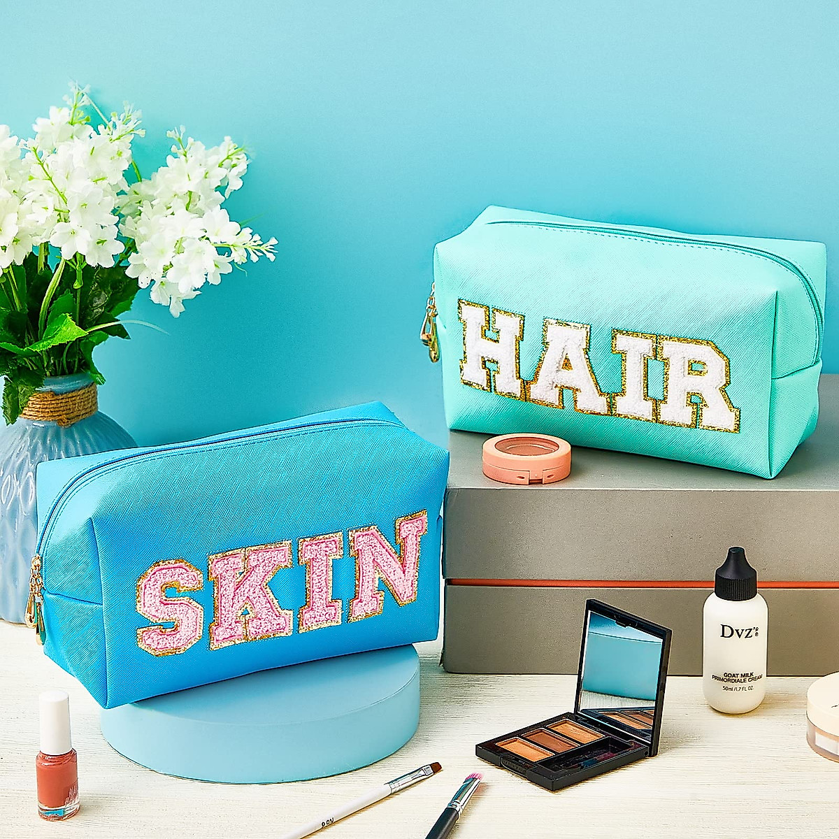 Patelai 2 Pcs Preppy Makeup Bags Chenille Letter Patch Bag Face Skin Hair Stuff Aesthetic Cosmetic Bag Travel Zipper Pouch Makeup Organizer Graduation Gift for Girls(Green, Blue, Hair, Skin)