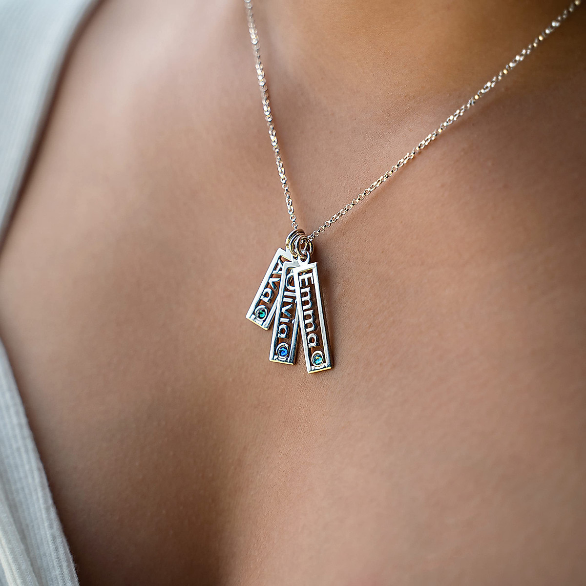 AJ's Collection Personalized Rectangle Triple Open Name Sterling Silver Necklace With Birthstone Setting. Customize a Name Charm. Sterling Silver Cable Chain. Gift For All. Makes Great Birthday Gift.