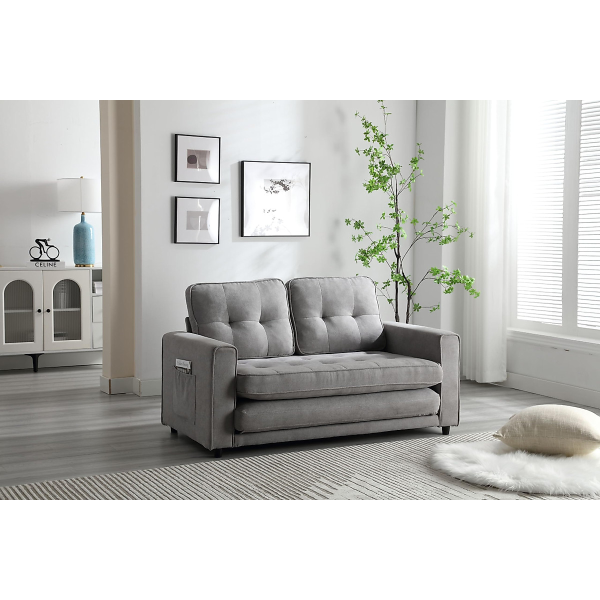 MYINDA Futon Sofa Bed, 55'' W Convertible Loveseat Sleeper with Pull Out Sofa, Space Saving Foldable Sofa Bed Couch with Side Pockets Living Room, Bedroom, Office (LightGray)