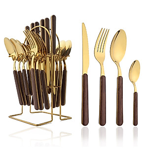 Silverware Set with Holder - Uniturcky Hanging Flatware Set with Stand - 24PCS Cutlery Set with Faux Wooden Handle - Stainless Steel Utensils Set for Home Restaurant Party (Gold, Service for 6)