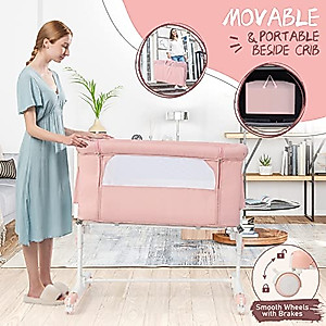 HONEY JOY Baby Bassinet Bedside Sleeper, 3-in-1 Easy Folding Portable Crib for Baby with Wheels, 5 Adjustable Heights, Easy to Assemble Bed to Bed, Mattress & Carry Bag for Infant Newborn (Pink)