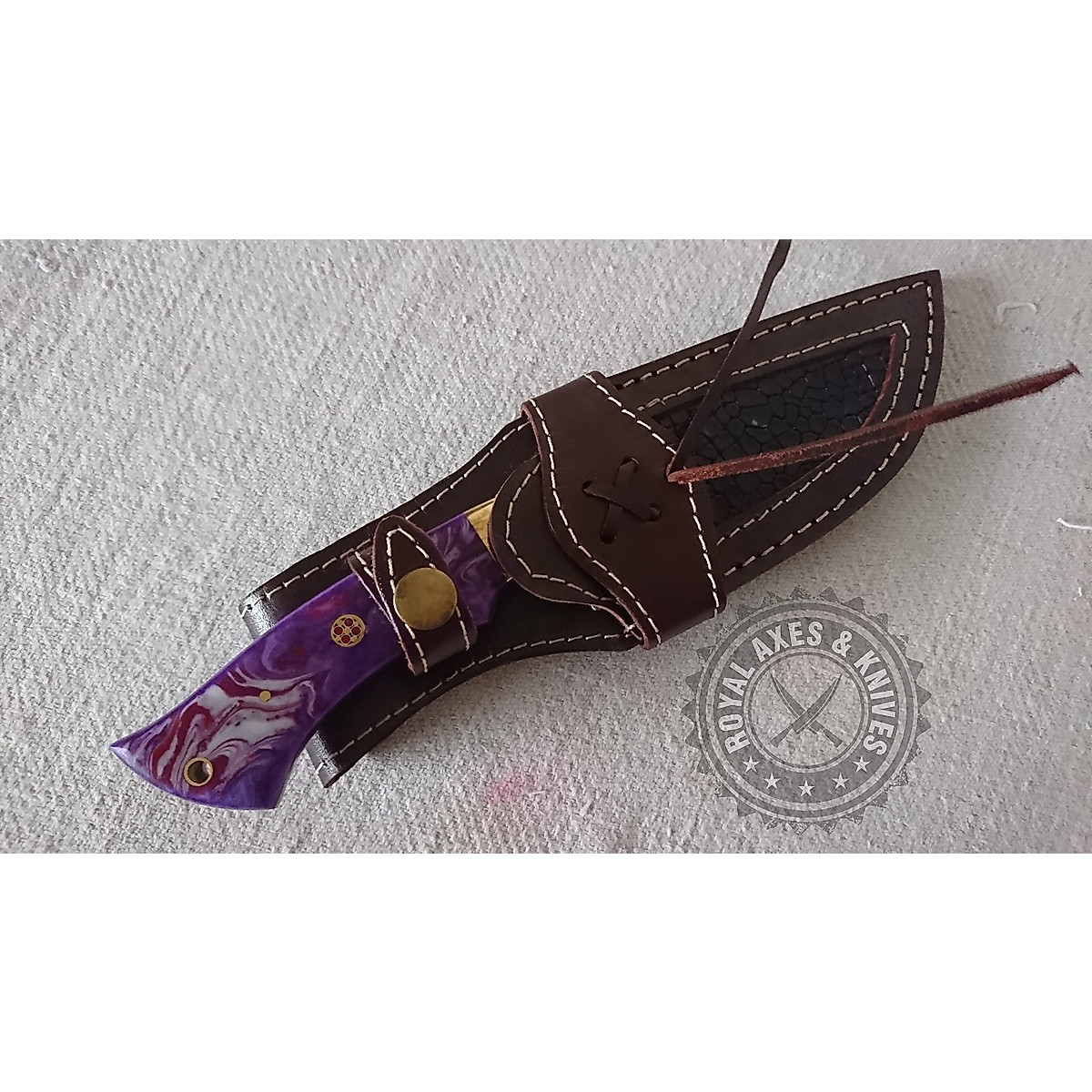 NA-1 Royal Knife Custom Hand Made Damascus Steel Bowie Knife With Multi Purple Resin Handle Material Hand Made Fixed Blade Survival Knife With Leather Sheath (R K 002)