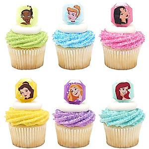 DecoPac Disney Princess Gemstone Rings, Cupcake Decorations Featuring Mulan, Cinderella, Tiana, Belle, Rapunzel and Ariel, Multicolored 3D Food Safe Cake Toppers – 24 Pack