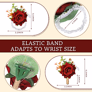 Sherr 20 Pcs Rose Wrist Corsage and Boutonnier Set Flower Wrist Corsage Wristlet Band Bracelet Wedding Bridegroom Men's Boutonniere Wristlet Hand Flower for Wedding Bouquets Supplies (Red)