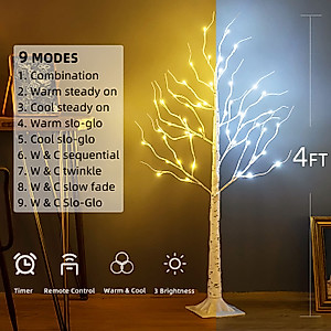 ZHOUDUIDUI Lighted Birch Tree, 4ft 48LED Birch Tree Lights, Mothers Day Decor Indoor Outdoor Artificial Twig Tree Light 9Modes Timer for 4th of July Christmas Home Party Wedding Decor,Warm& Cool White