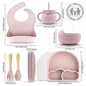 SofiAl Baby Led Weaning Supplies - Silicone Baby Feeding Set - Suction Bowl Divided Plate Bib Spoon Fork Straw Sippy Cup - Toddler Self Feeding Utensils - Infant First Stage Blw Dish 6 Months – 11pcs