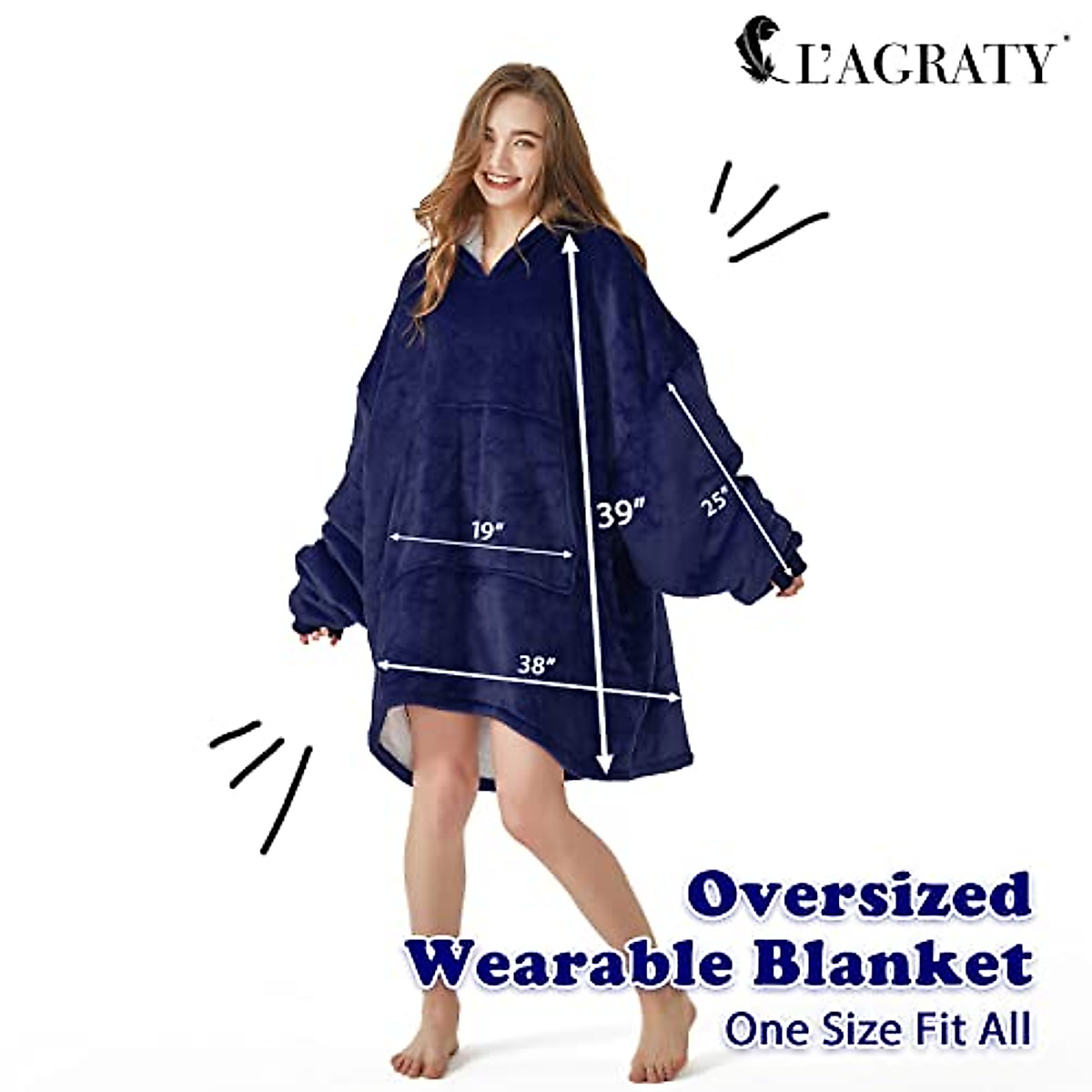 L'AGRATY Wearable Blanket Hoodie Oversized Giant Hooded Blanket Sweatshirt with Pocket Sleeves for Women Men Flannel Sherpa Soft Warm Cozy Blanket Jacket Sweater Gift for Adult Teens One Size Fits All