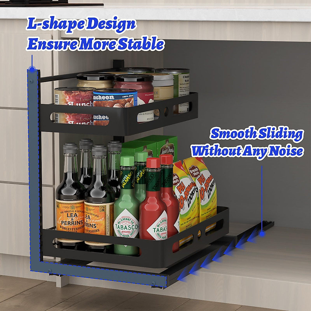 WASUMI Under Sink Organizers, Metal Sliding Cabinet Basket and Storage Organizer 2 Tier Pull Out Cabinet Organizer for Kitchen Bathroom, Large Capacity, Black