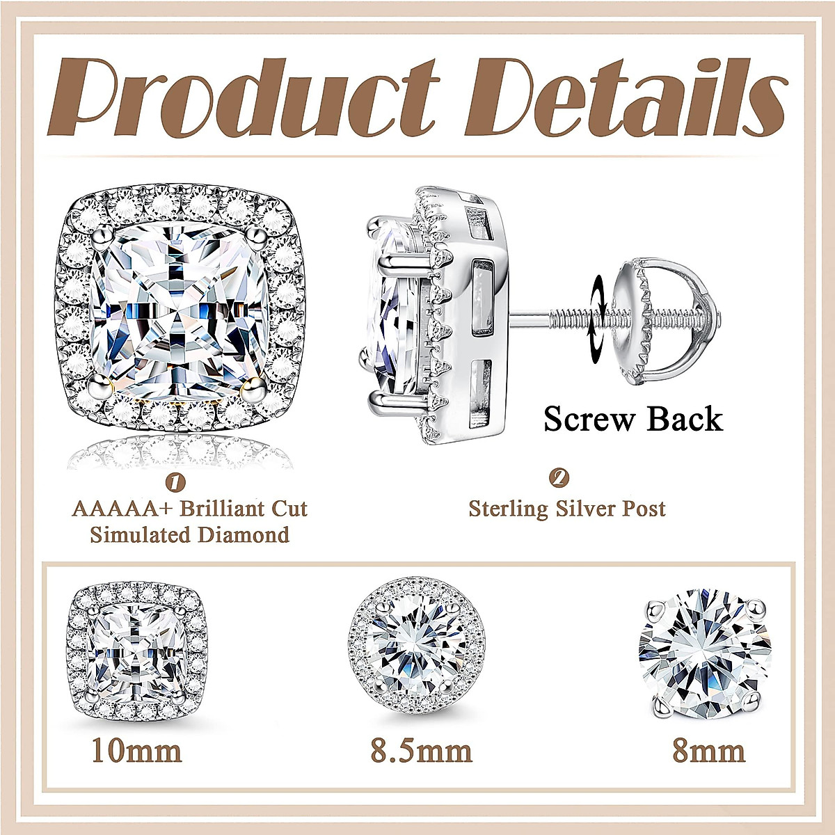 Jstyle 3Pairs 18K White Gold Plated Brilliant Simulated Diamond Halo Earrings Studs with Screw Back Round Square Cubic Zirconia Screw Back Earrings for Mother's Day Gift White