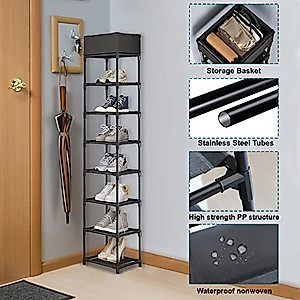 Narrow Shoe Rack, 8 Tier Vertical Shoe Rack for Closet Entryway Hallway Tall Slim Shoe Stand Organizer