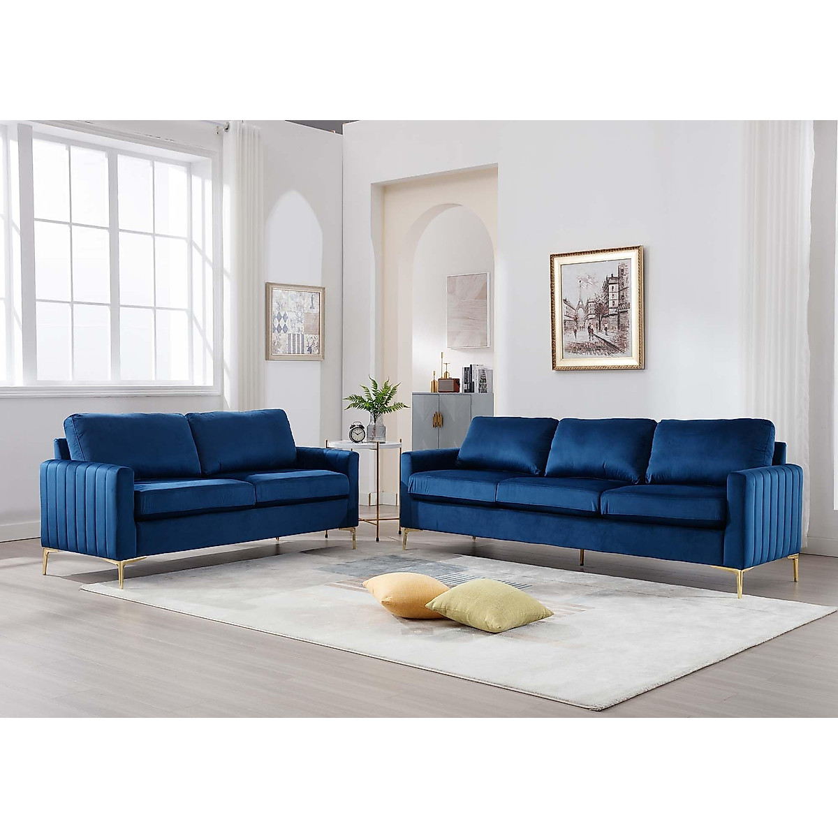 65'' Blue Couch for Small Space, Modern Comfy Upholstered 2-Seater Tufted Velvet Love Seat Sofa Couches for Livingroom Bedroom Apartment Furniture, Soft Foam Pocket Spring Hybrid Cushioned, Gold Leg