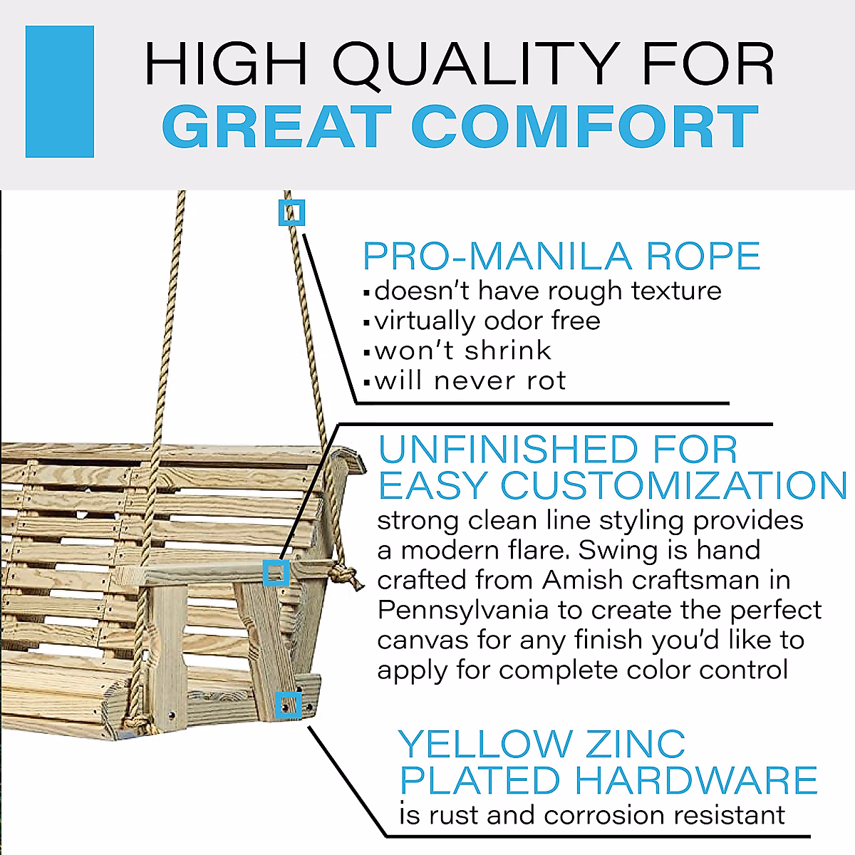 Porchgate Amish Heavy Duty 800 Lb Rollback Console Treated Porch Swing with Hanging Ropes (Unfinished)