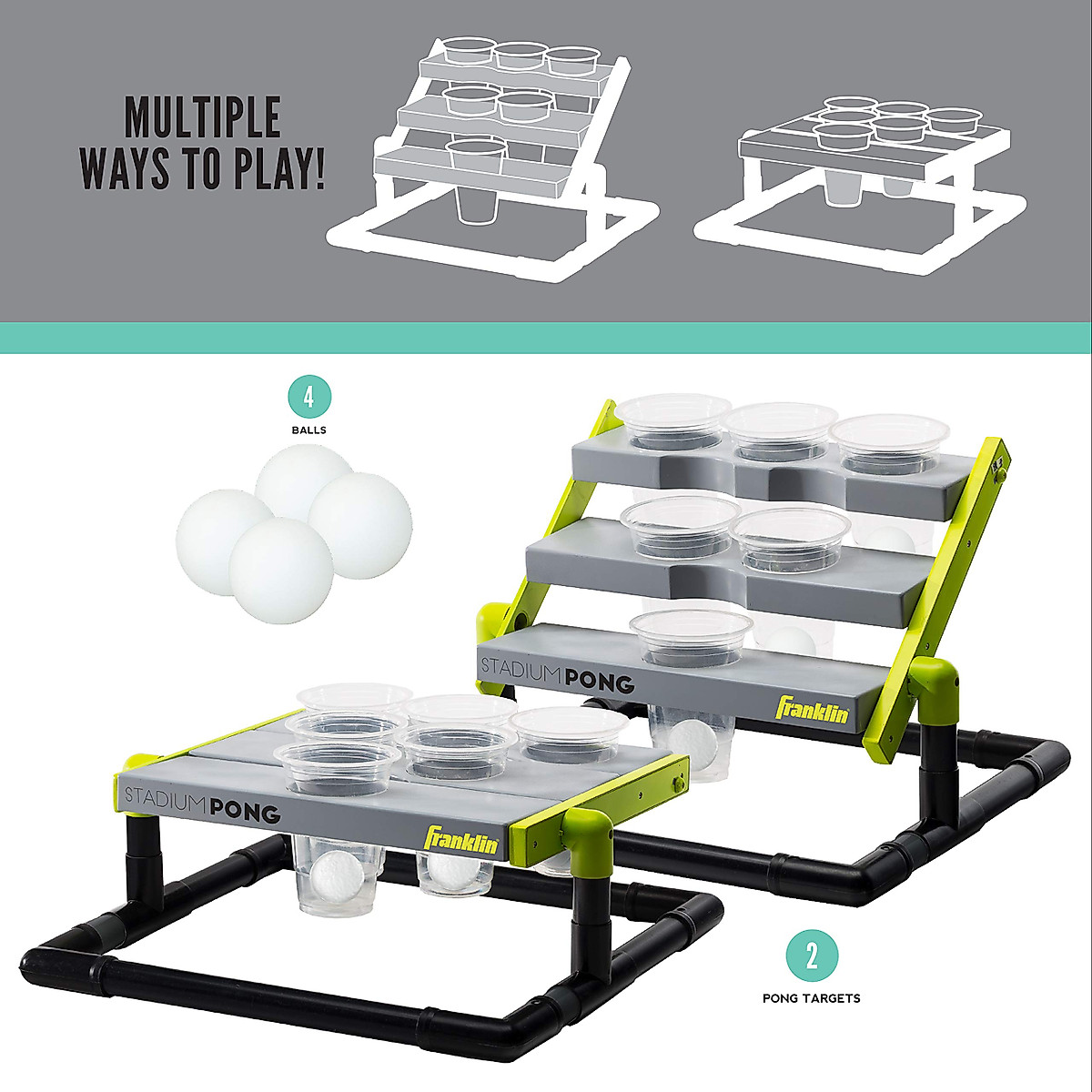 Franklin Sports Stadium Cup Pong Set - Jumbo 6 Cup Pong Game Set with Cups + Stand - Fun Indoor + Outdoor Tailgate Game