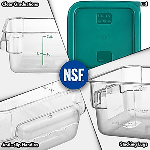 CURTA 4 Pack Food Storage Container with Green Lid - NSF Listed Commercial Grade in 2.0 Qt - Square, Clear, Polycarbonate