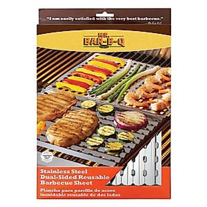 Mr. Bar-B-Q 06039Y Dual Sided Reusable BBQ Sheet | Commercial Grade Stainless Steel | Easy to Use Grilling Accessories | Perfect for Covering Messy Grids | Great for Delicate Foods | 12 x 18 Inches