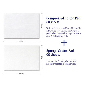 Beejong [120EA] Premium 2 in 1 Facial Cleansing Square Cotton Pads - Two Types of Face Wipes Cotton Pads for Toner, Makeup Remover | Compressed 60EA & Sponge 60EA | Made in Korea (1 Pack)