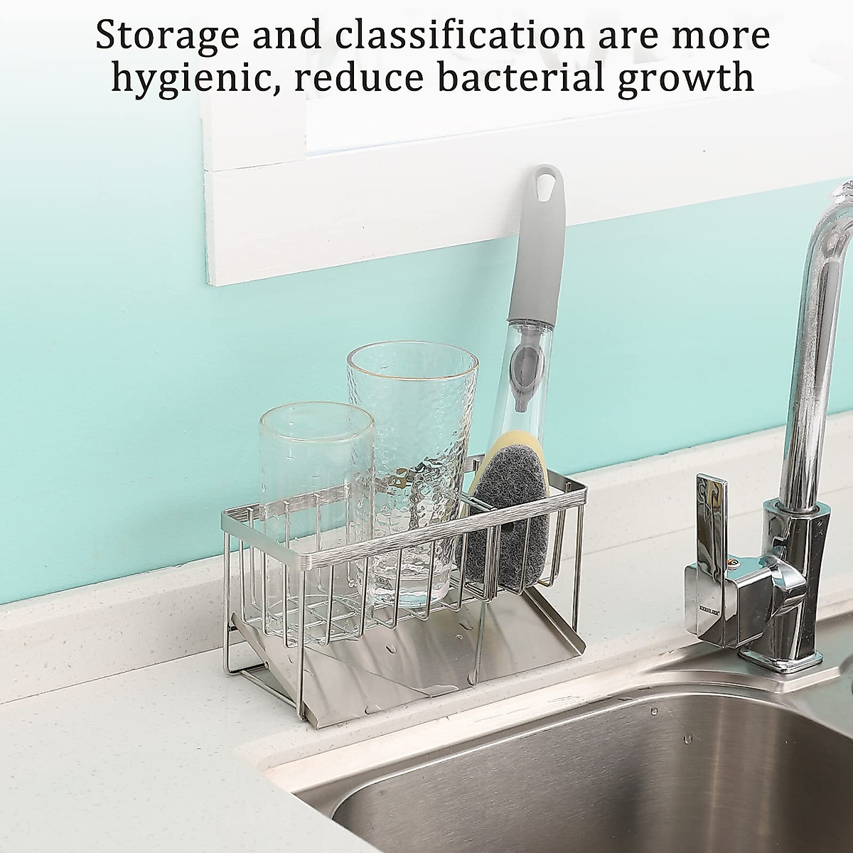 JINSILU Sink Caddy with Drain Tray, Kitchen Sink Caddy for ponge Dish Brush Soap, Kitchen Sink Organizer for Kitchen Bathroom, Sus304 Stainless Steel Rustproof