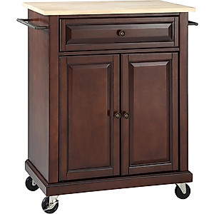 Crosley Furniture Compact Wood Top Small Rolling Cart with Shelves, Microwave Stand with Towel Rack, Mahogany