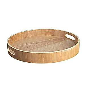 I-lan 14 Inch Wooden Serving Tray Circle, Round Wood Platter with Handles and 2 Inch Raised Side, Natural Wood Grain Circular Ottoman Display Tray Organizer for Food, Snack, Coffee Table, Beige, L