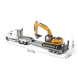Diecast Semi Truck & Excavator Toy Model Metal Flatbed Truck w/Excavator Tractor Metal Construction Vehicle Models Toys for Kids