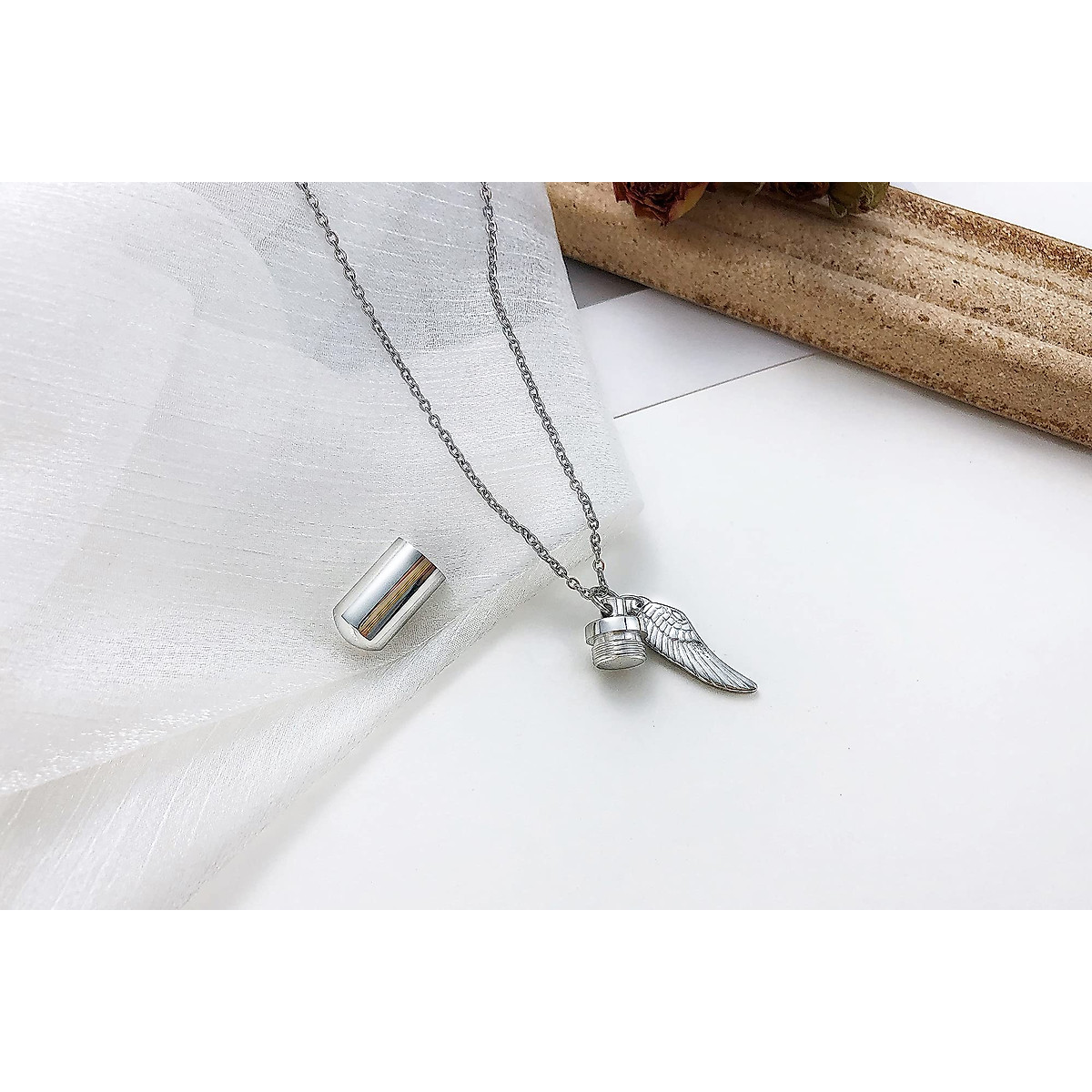 VNOX Cremation Jewelry Pack of 5 Cylinder Cremation Urn Necklace with Angel Wing Charm Necklace for Ashes Memorial Ash Keepsake Jewelry,Silver