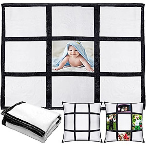 Peryiter Sublimation Flannel Throw Blanket and 2 Pieces Blank Pillow Cases 60 x 50 Inches Personalized Custom Photo Blanket with 9 Printable Panels Soft Blanket Pillow Covers for Home Supplies