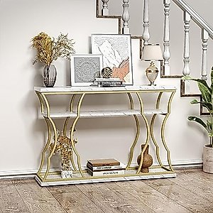 Modern Console Table Entryway, 47.24" Faux Marble Narrow Sofa Table Free Combine Two Different Shape for Hallway Entrance Hall Foyer Corridor Living Room Gold Base (Gold)