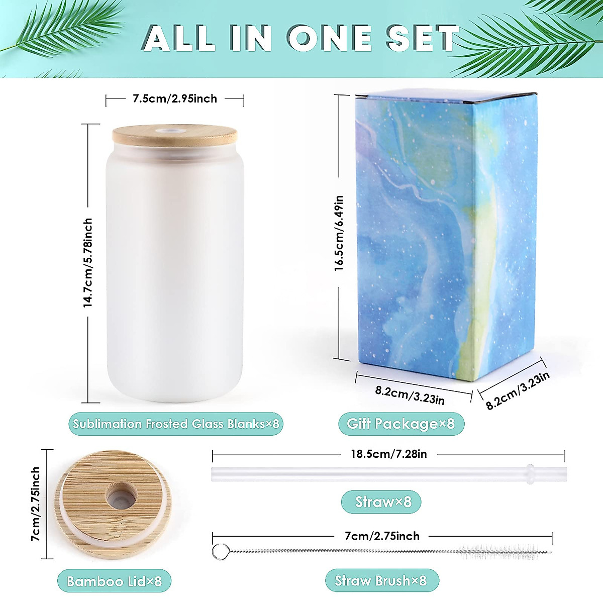 HTVRONT 8 PCS Sublimation Glass Cups Frosted -16oz Sublimation Glass Tumbler with Bamboo Lid - Sublimation Blanks for Painting, Sublimation and HTV Vinyl Crafts