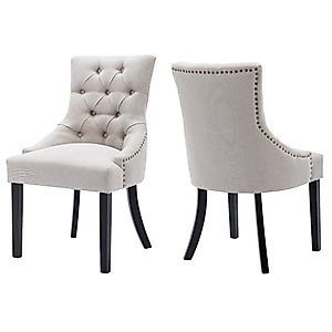 EALSON Set of 2 Linen Dining Chairs Elegant Tufted Back with Nailed Trim Home Kitchen Dining Room Chairs Armless Accent Side Chairs Solid Rubber Wood Legs, Set of 2 (Beige)