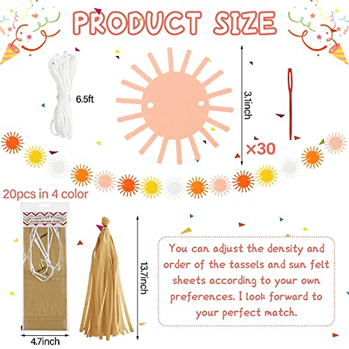 20 Pcs Boho Sun Garland Felt First Trip Around The Sun String Banner Hippie Boho Sun Party Supplies Indoor Outdoor Party Decoration for Baby Shower Wedding Birthday Party Decorations (Sun)