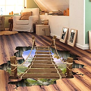 Karomenic Floor Stickers 3D Polar Glacier Wall Sticker Wooden Suspension Bridge PVC Art Wall Decal for Bathroom Living Room Nursery Bedroom Playroom Blue