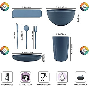 Wheat Straw Dinnerware Sets (28Pcs) POTENTCERA Microwave Dishwasher Safe Unbreakable Dinnerware, Kids Toddler Camping Plates Cups and Bowls Set Picnic Dishes Dorm Dishware Reusable Lightweight