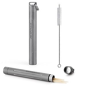 TISUR Titanium Toothpick Holder Portable Waterproof Metal Toothpicks Holder-With Small Key Ring & Mini Tooth Pick Holder Cleaning Brush(Grey)