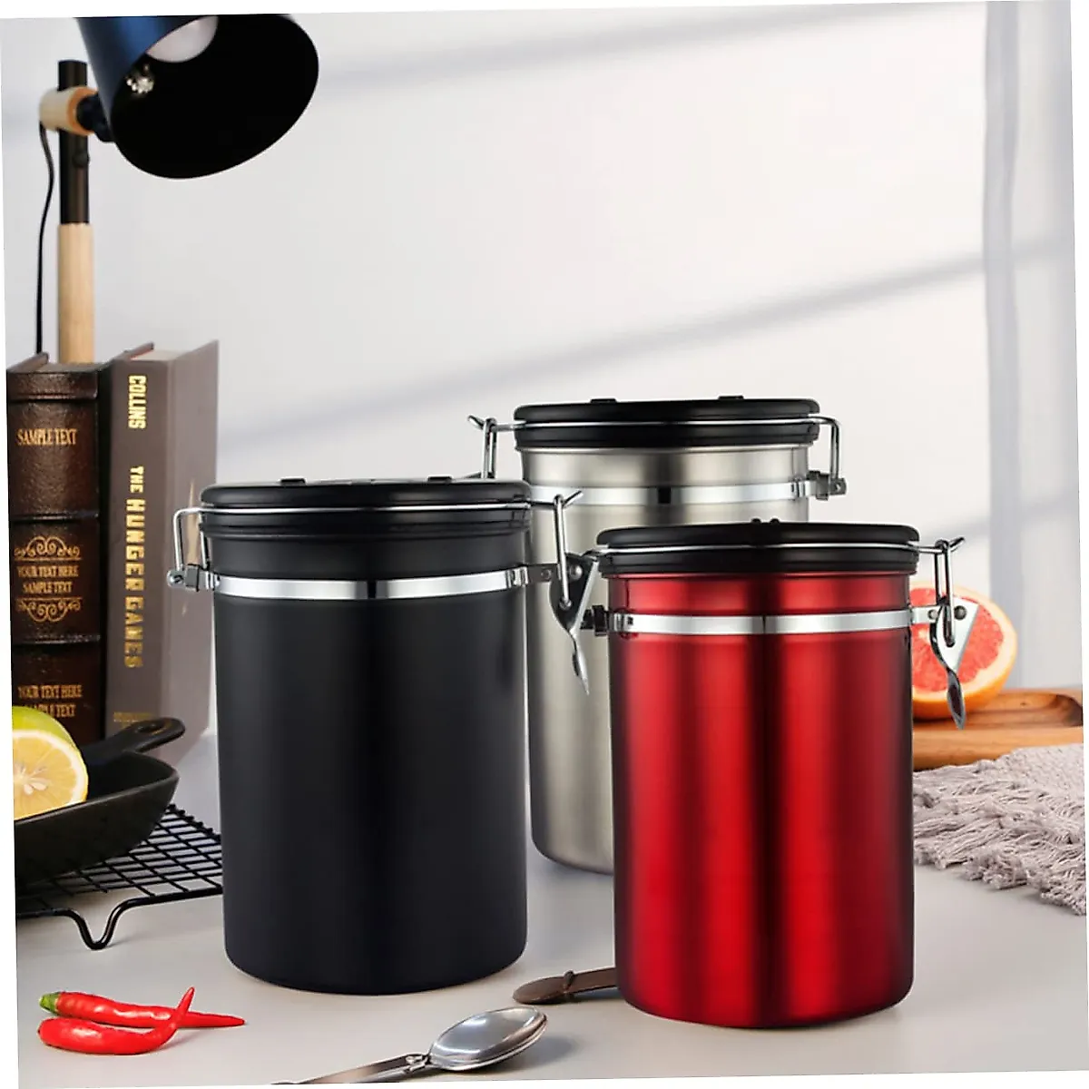 Luxshiny Coffee Bean Container Coffee Bean Canister Stainless Steel Snack Containers Metal Coffee Canister Coffee Bean Storage Container Vacuum Seal Containers Food Jar Household