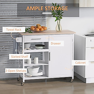 HOMCOM Rolling Kitchen Island with Storage, Kitchen Cart with Solid Wood Countertop, Drawer, Adjustable Shelf and Wine Rack, White