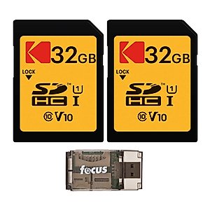 Kodak 32GB Class 10 UHS-I SDHC Memory Card (2-Pack) Bundle with Focus USB Card Reader (3 Items)