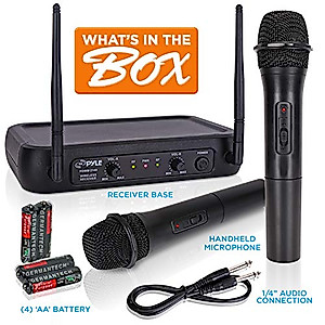 Pyle Channel Microphone System-VHF Fixed Dual Frequency Wireless Set with 2 Handheld Dynamic Transmitter Mics, Receiver Base-for PA, Karaoke, Dj Party (PDWM2135) , Black