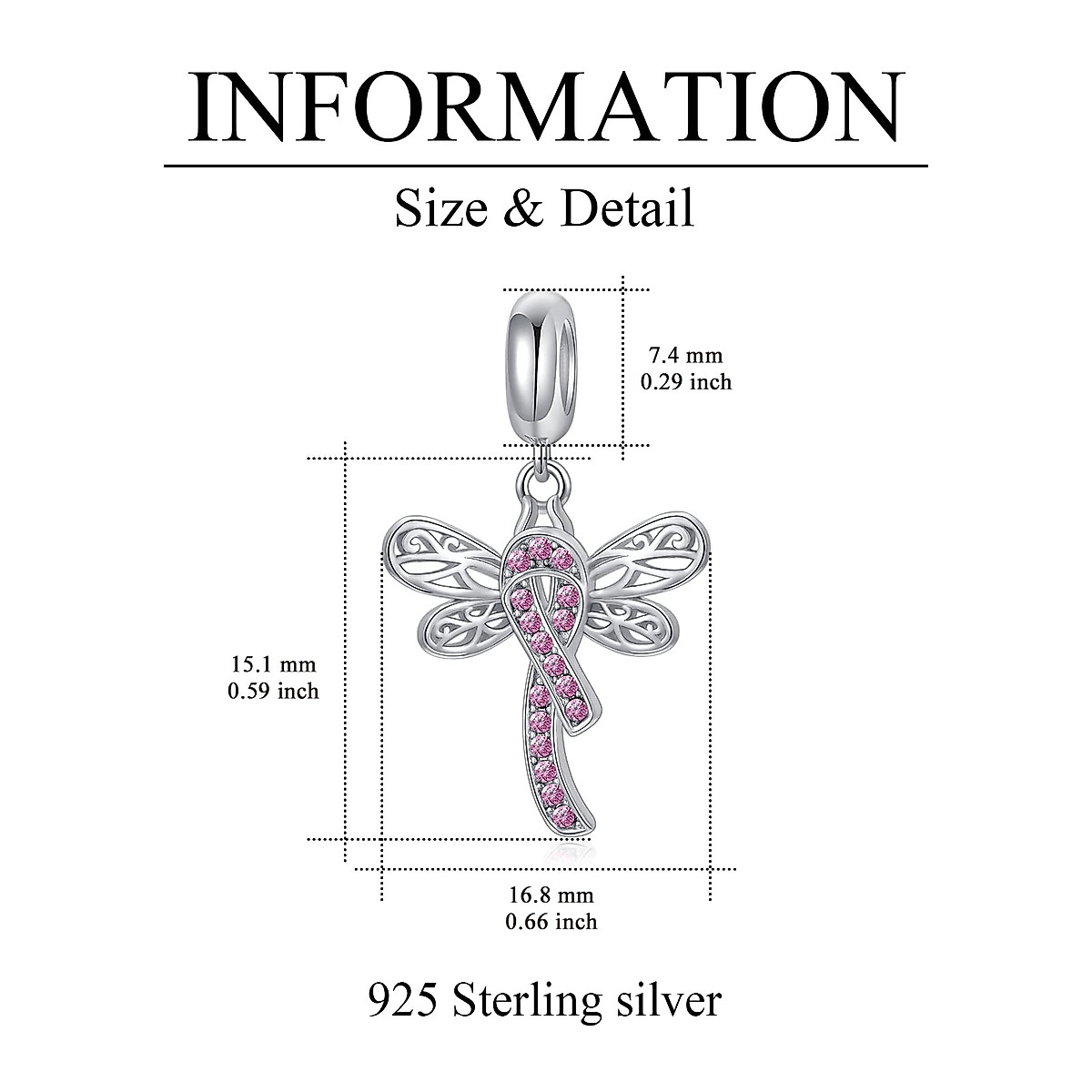 AOBOCO Breast Cancer Awareness Charm 925 Sterling Silver Dragonfly Pink Ribbon Charm Bead for Bracelet Breast Cancer Survivor Gifts for Women