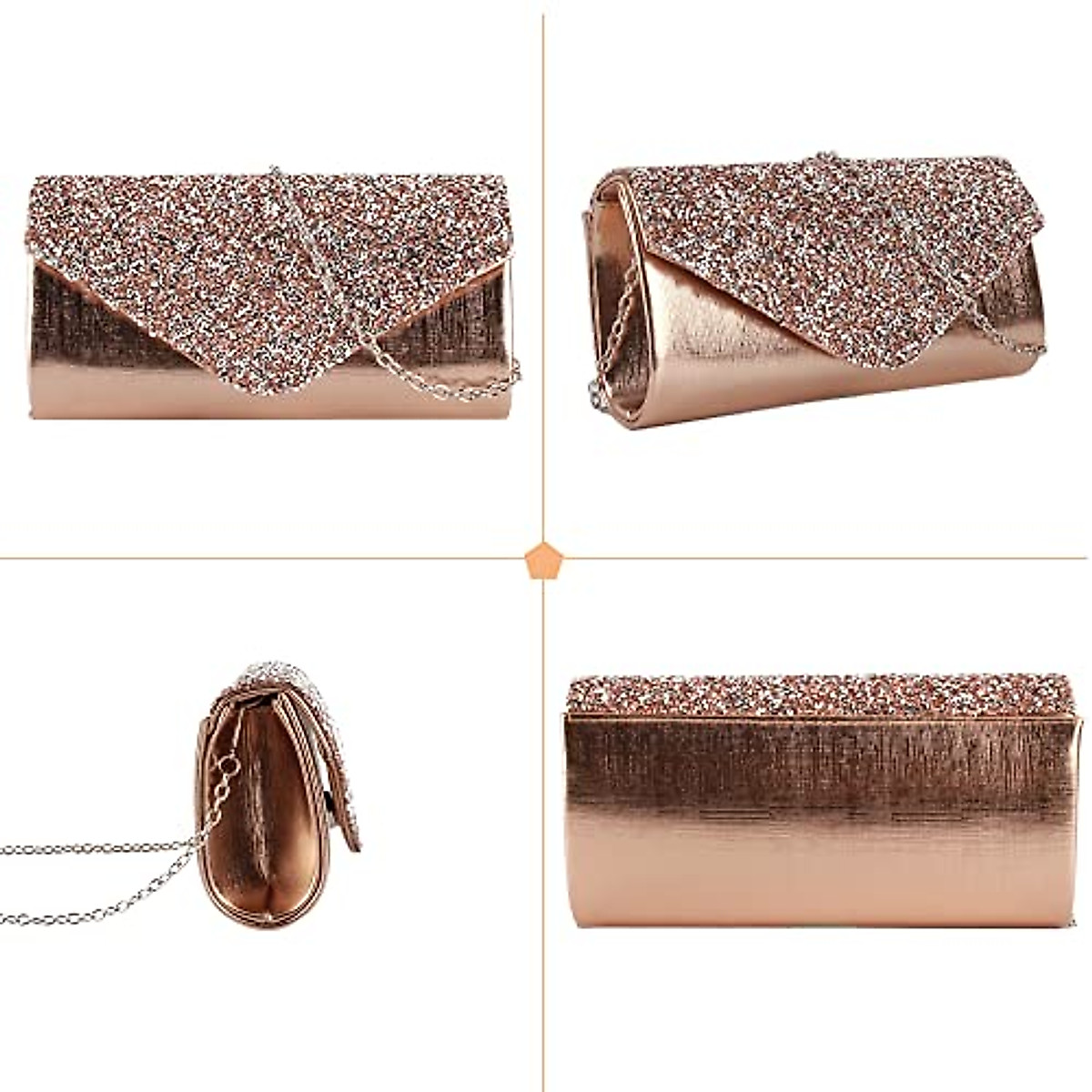 Quniko Rhinestone Flap Evening Clutch Purses Formal Sequins Handbag Crossbody Shoulder Bag for Women (Rose Gold)