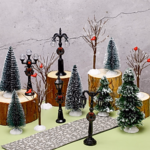 Aoriher 15 Pcs Christmas Figurine Village Accessories Miniature Pine Trees Snow Artificial Christmas Trees Cardinal Bare Branch Trees Streetlight Lamps Cobblestone Street Figurine for Xmas (Classic)