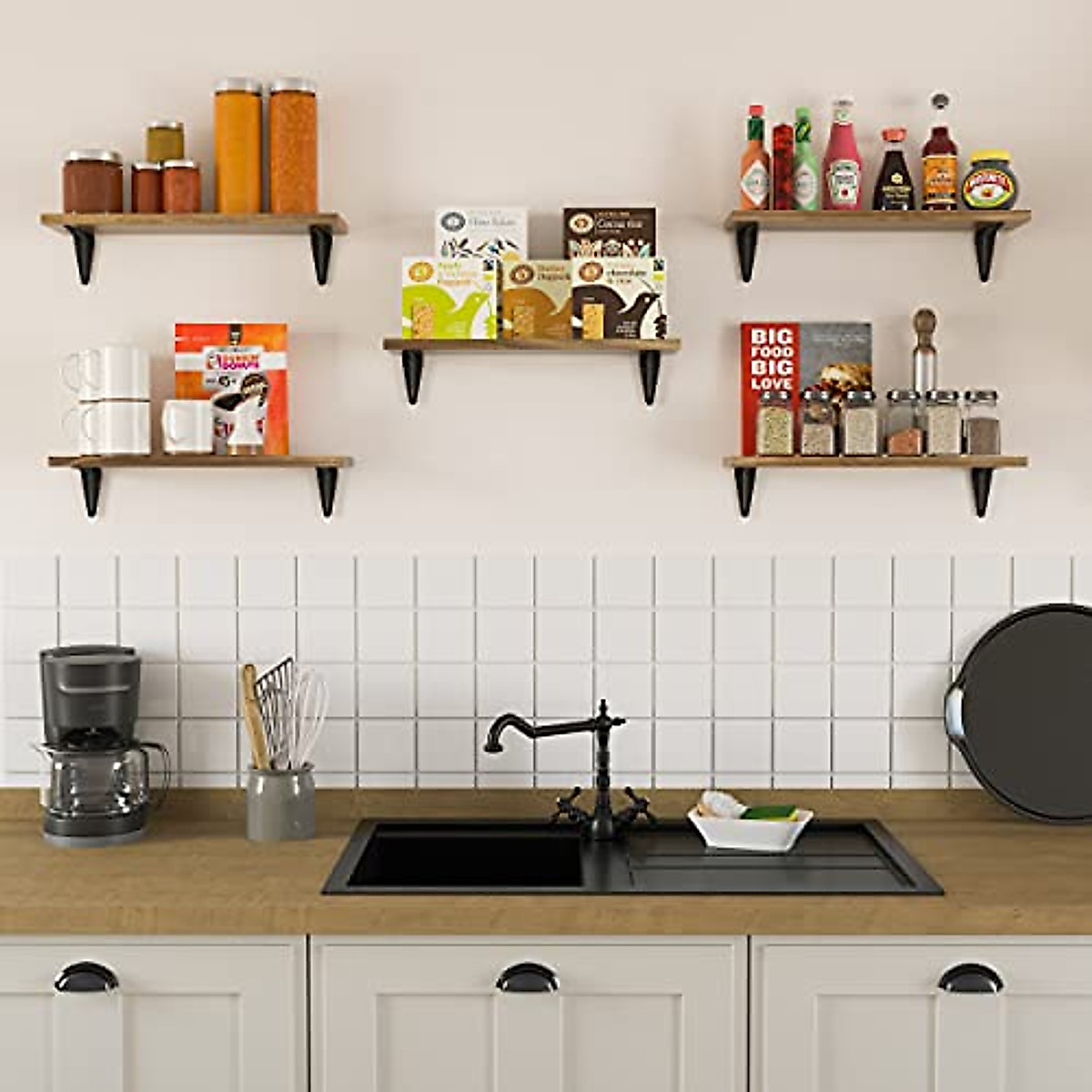 You Have Space Flota 17"x 4.5" Book Shelves, Floating Shelves for Living Room Decor, Bathroom Storage, Kitchen, Kids Room Natural Burned Set of 5