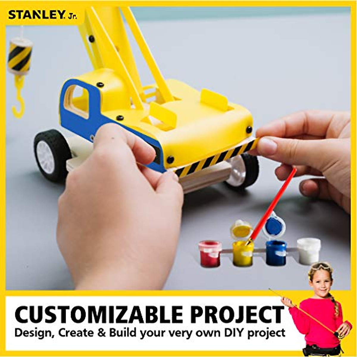 Stanley Jr. STANLEY Jr DIY Yellow Lifting Crane Kit for Kids - Easy Assembly Crane Building Kit - Wood Crane Toy Craft - Wood, Paint & Decals Included
