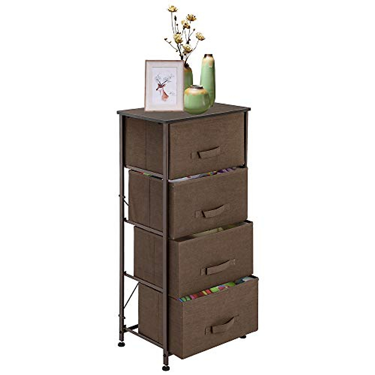 4-Tier Dresser Tower, Fabric Drawer Organizer with 4 Easy Pull Drawers with Metal Frame,Wooden Tabletop for Living Room (Brown)