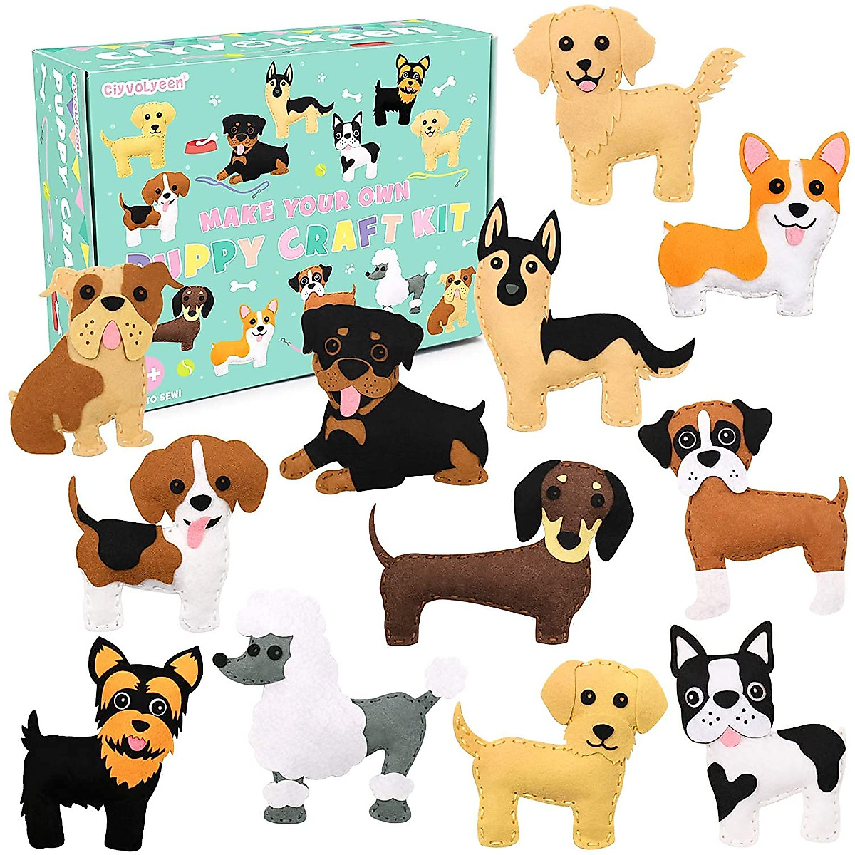 CiyvoLyeen 2 Pack Animals Sewing Craft Kit for Kids- Woodland Animals Felt Sewing Craft Kit & Puppy Craft Kit for Beginners