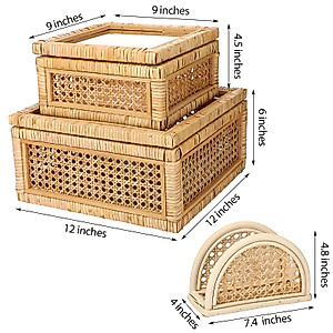 Tatuo Set of 3 Boho Rectangular Rattan Boxes with Glass Lids Woven Basket with Semicircle Napkin Holder Cane and Rattan Display Storage Basket Decorative Boxes for Home Decoration