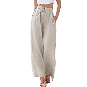 ANRABESS Women's Linen Summer Palazzo Pants Elastic Waist Casual Beach Trendy Wide Leg Trousers with Pockets Large Apricot